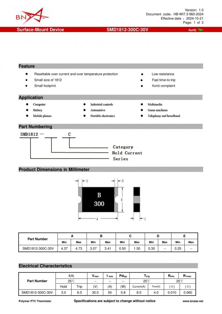 BNstar SMD1812-300C-30V datasheet page 1