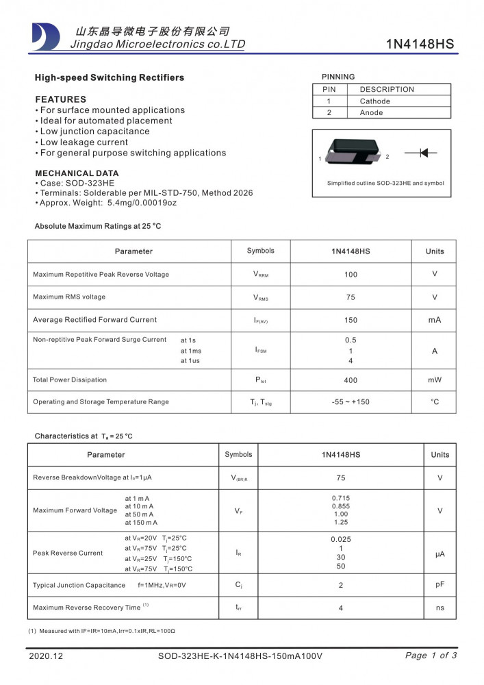 1N4148HS datasheet page 1