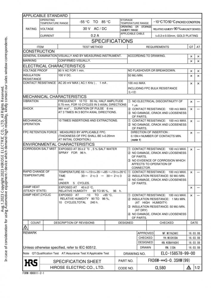 HRS FH36W specification sheet page 1