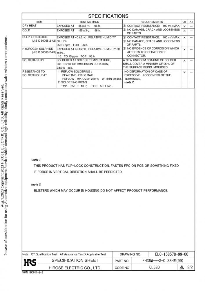 HRS FH36W specification sheet page 2