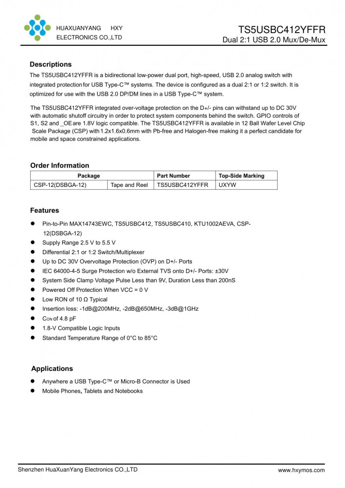TS5USBC412YFFR-HXY datasheet page 1