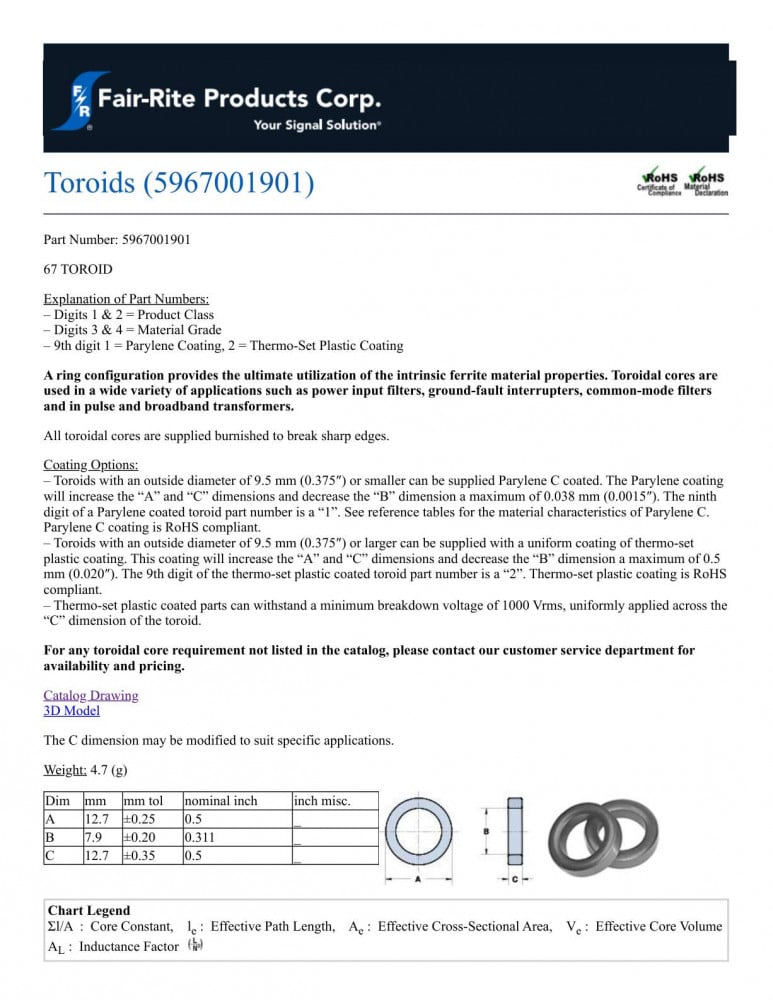 Fair-Rite 5967001901 catalog page