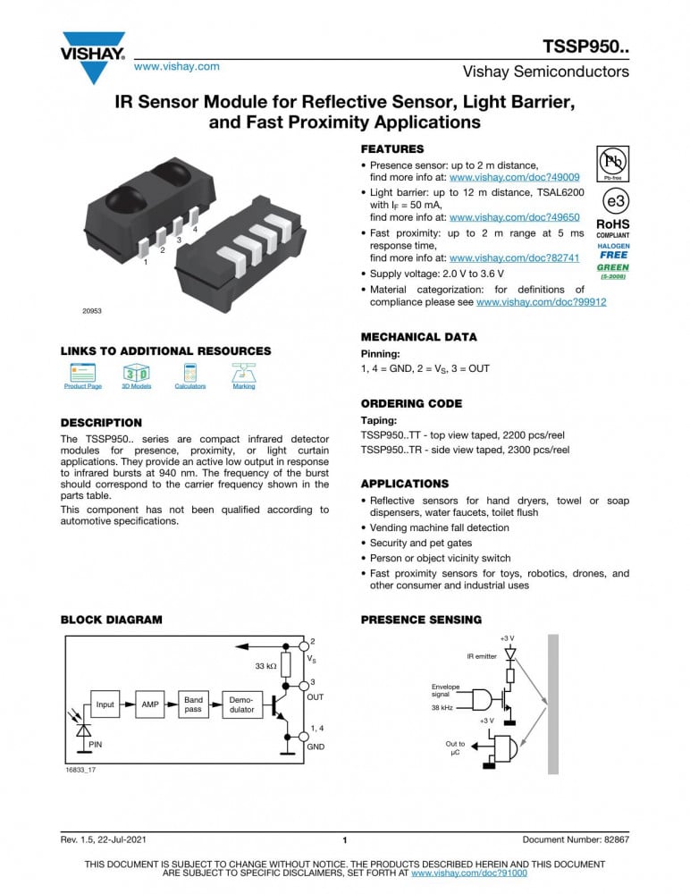 TSSP95038TR datasheet page 1