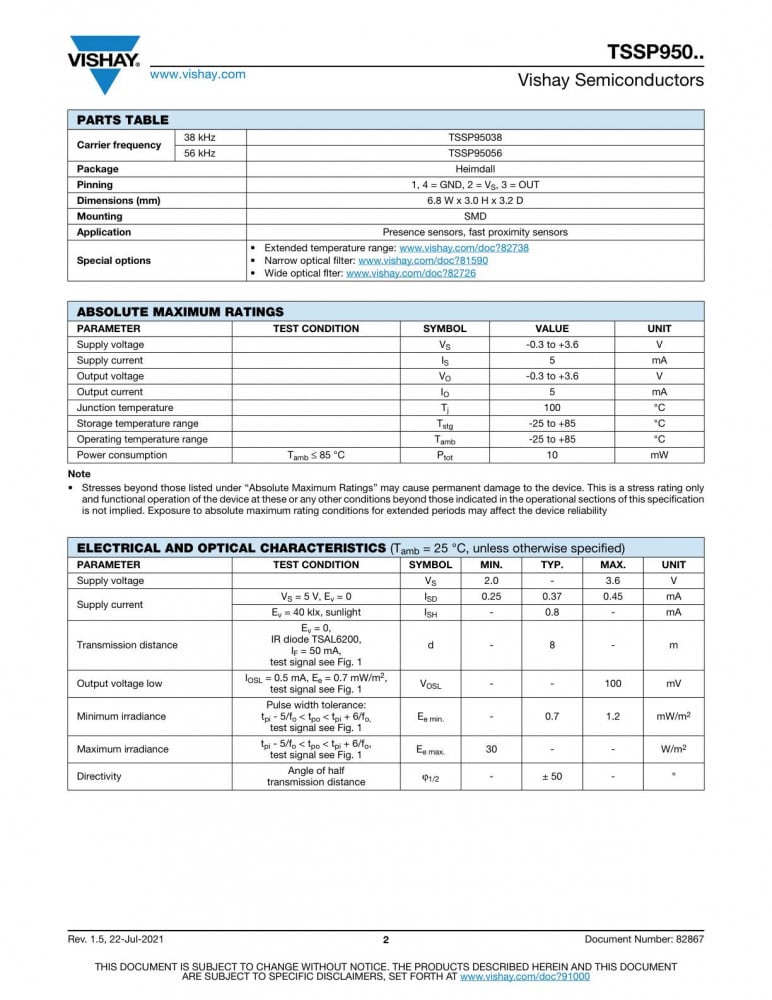 TSSP95038TR datasheet page 2