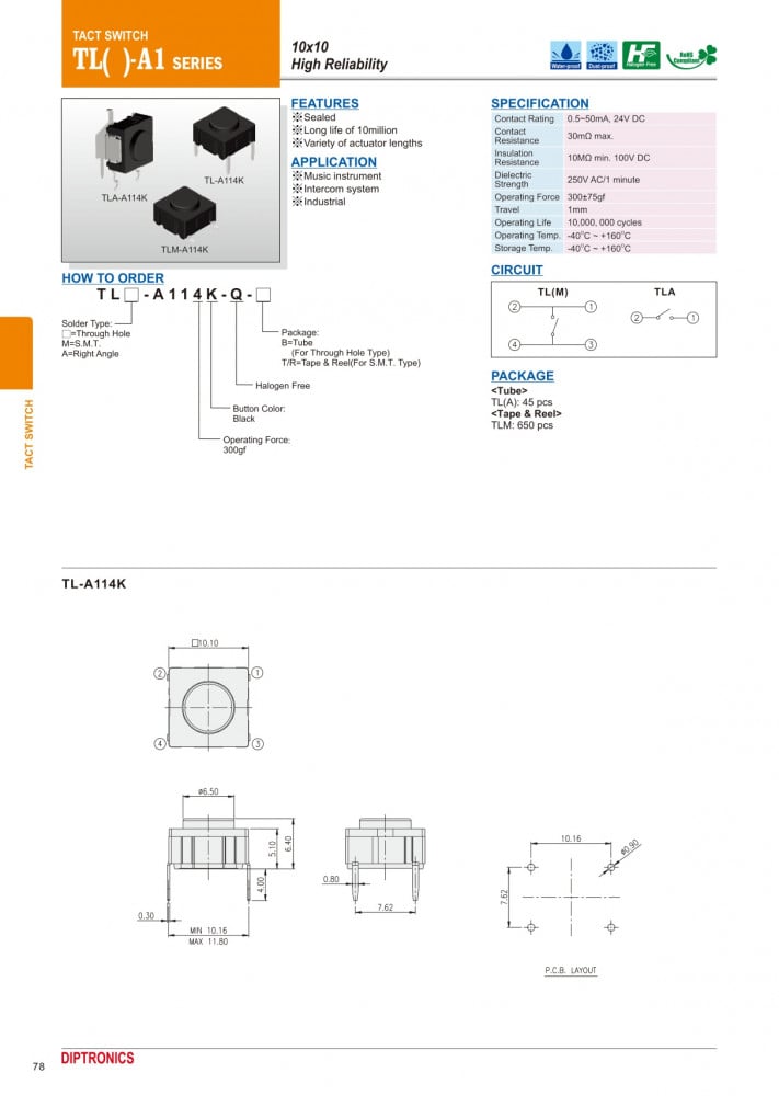 Diptronics TL-A114K-Q-B technical document page 1