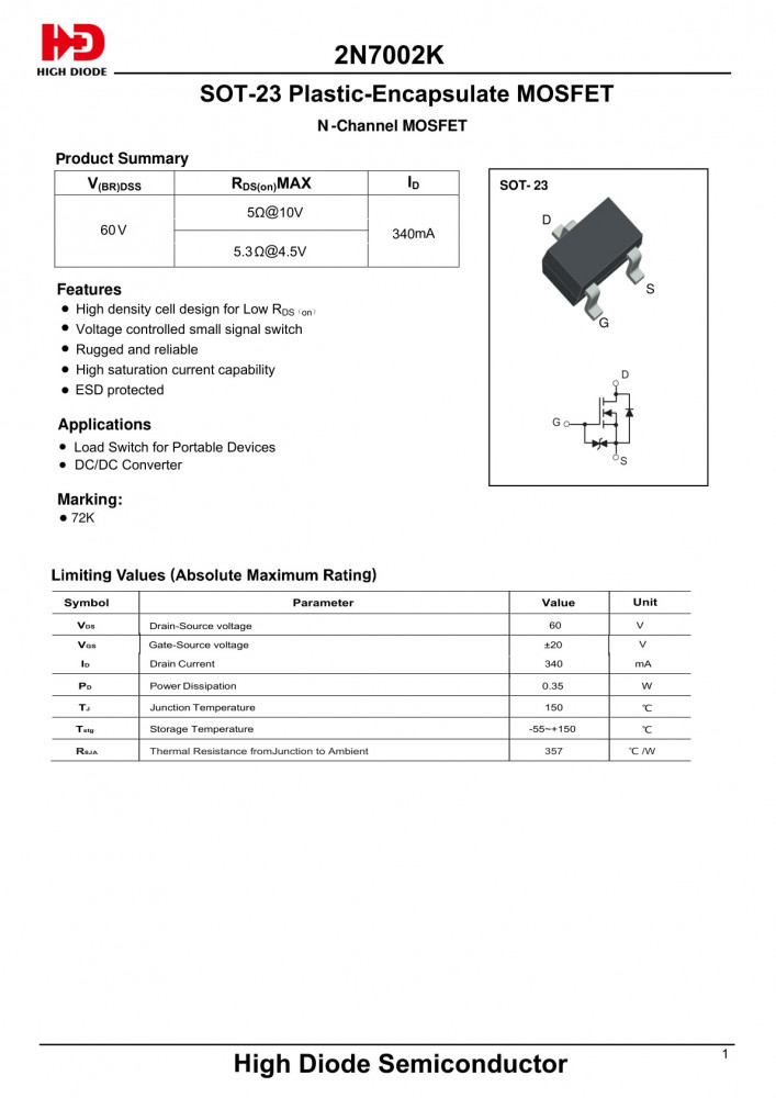 2N7002K datasheet page 1