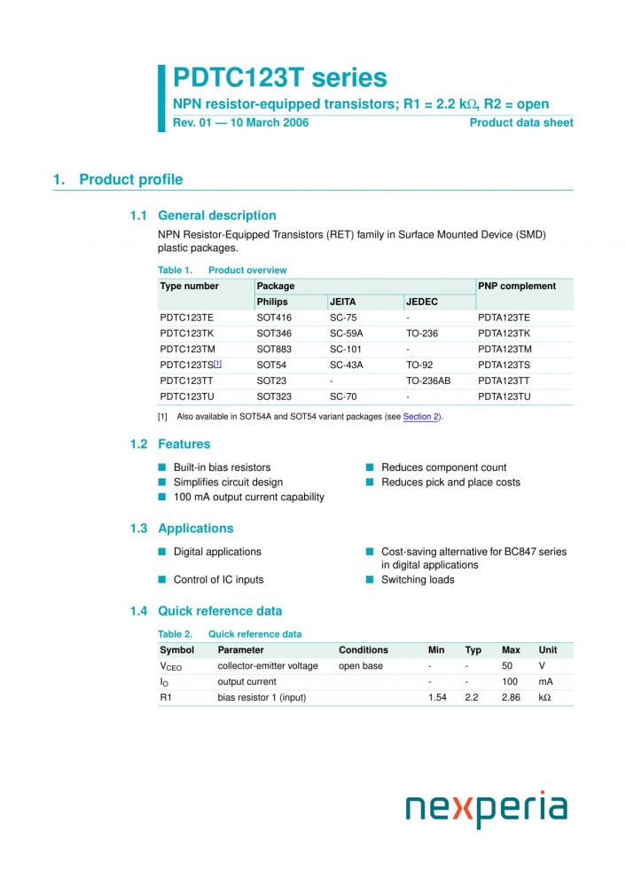 PDTC123TU datasheet page 1