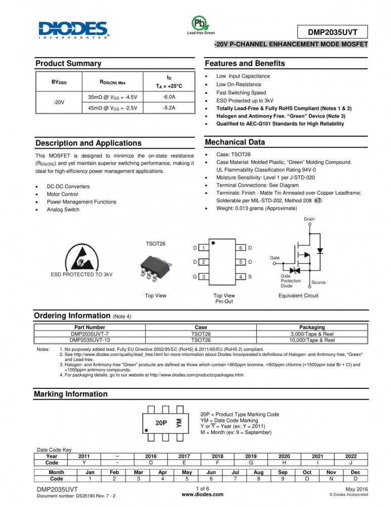 DMP2035UVT-7 datasheet page 1