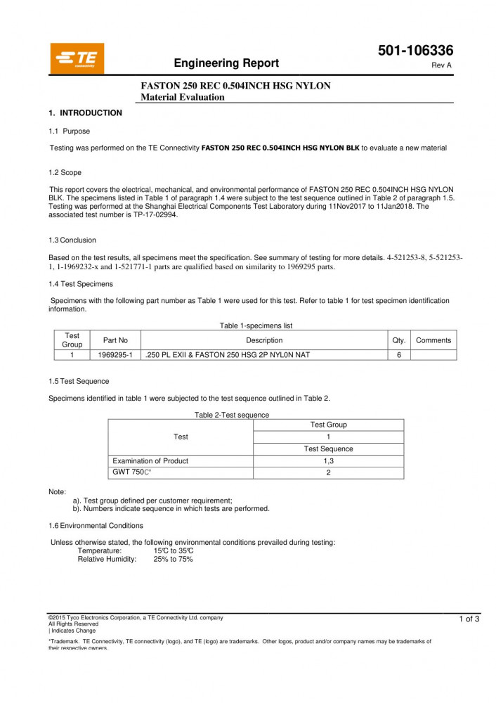 TE Connectivity FASTON 250 material evaluation document page 1