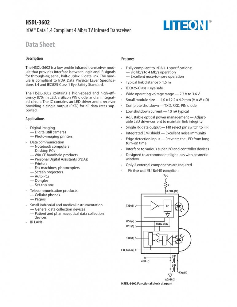 HSDL-3602 datasheet page 1