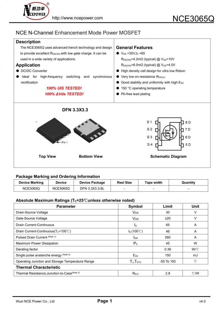 NCE3065Q datasheet page 1