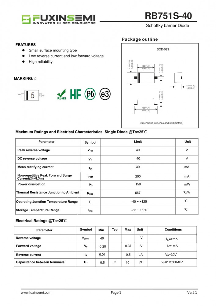RB751S-40 datasheet page 1