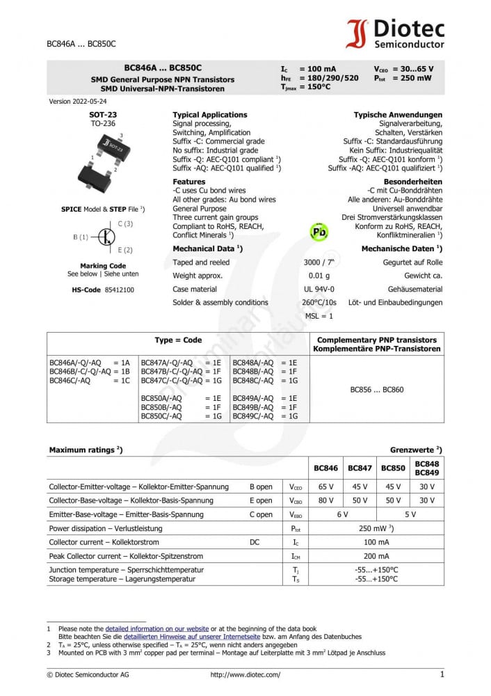 DIOTEC BC847A datasheet page 1
