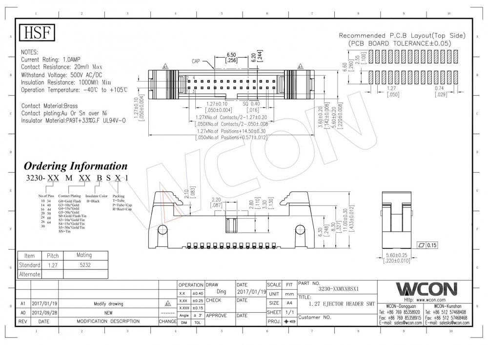 Wcon 3230 series 1.27 mm ejector header technical drawing