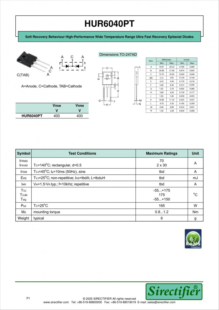 HUR6040PT datasheet page 1
