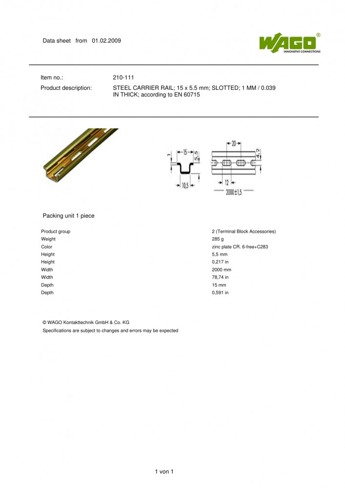 Technical document image for carrier rail 210-111