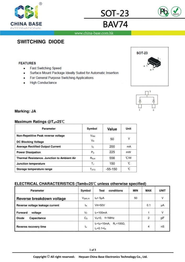 BAV74 datasheet page 1