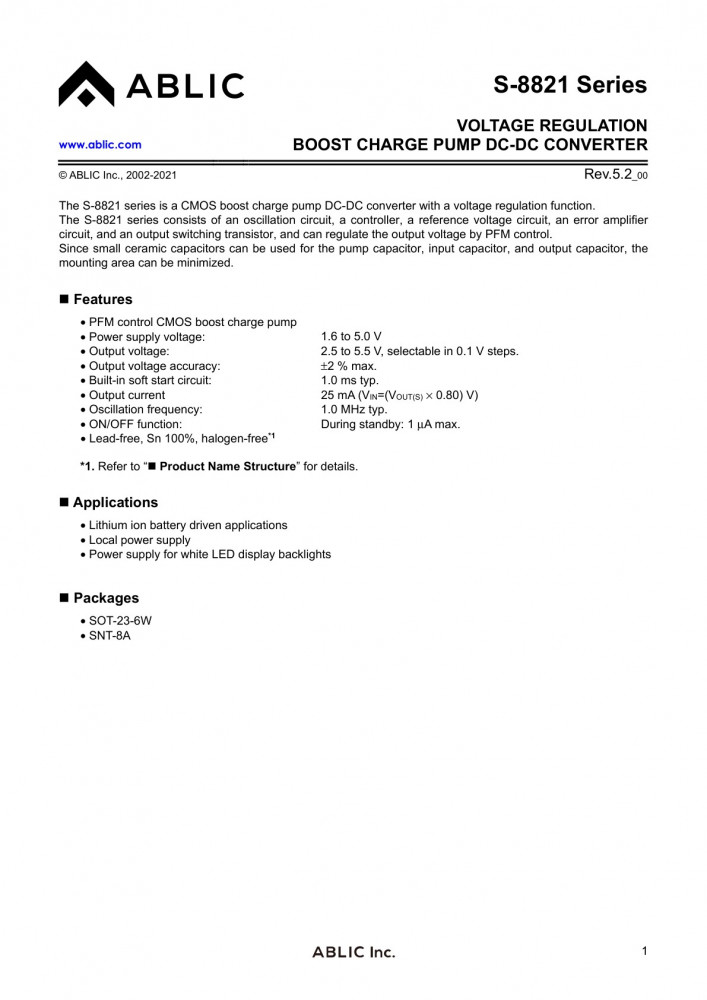 ABLIC S-8821 datasheet page 1