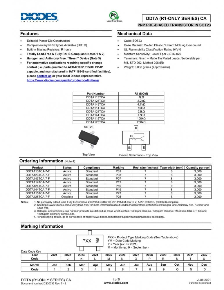 DDTA114TCA-7-F datasheet page 1