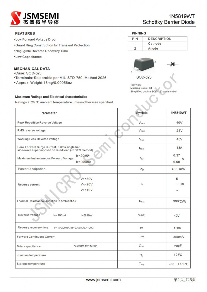 1N5819WT datasheet page 1