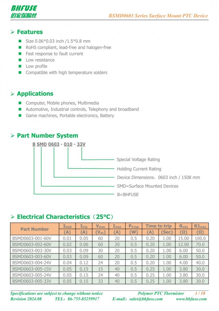BHFUSE BSMD0603 datasheet page 1