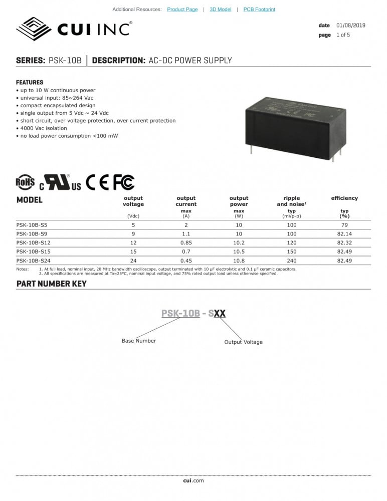 CUI PSK-10B datasheet page 1