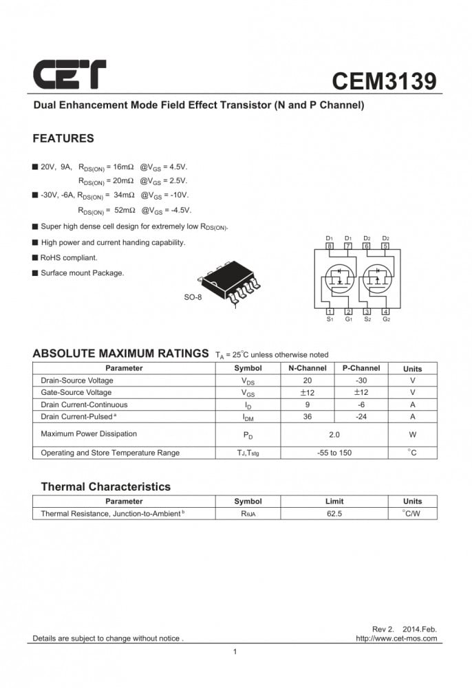 CEM3139 datasheet page 1
