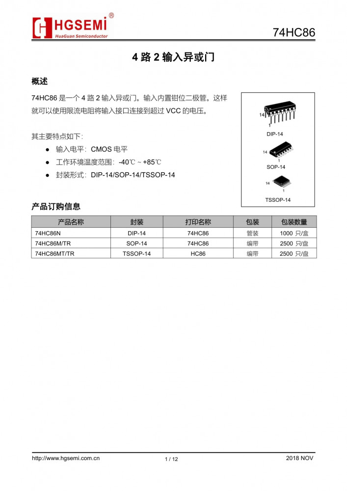 74HC86MT/TR datasheet page 1