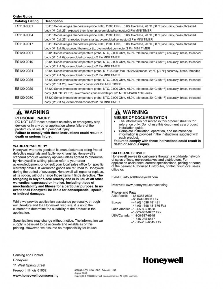 Honeywell ES110 and ES120 order guide