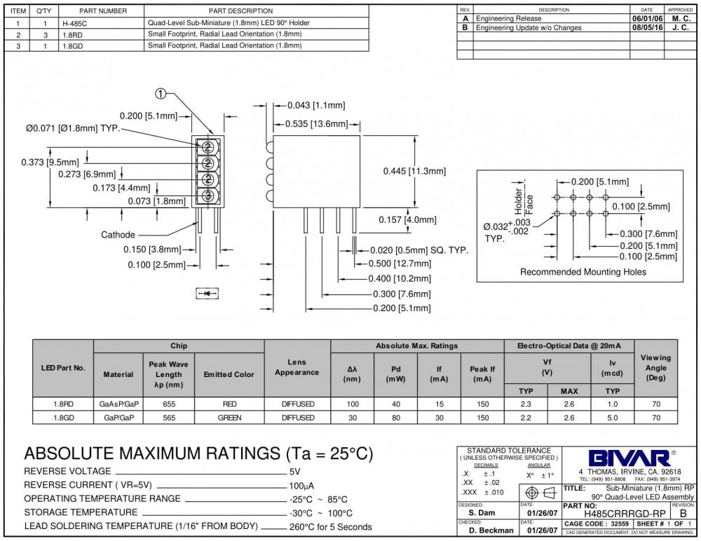 BIVAR H485CRRRGD-RP technical drawing and LED specifications
