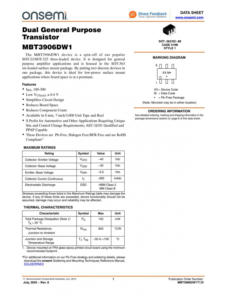 MBT3906DW1T1G datasheet page 1