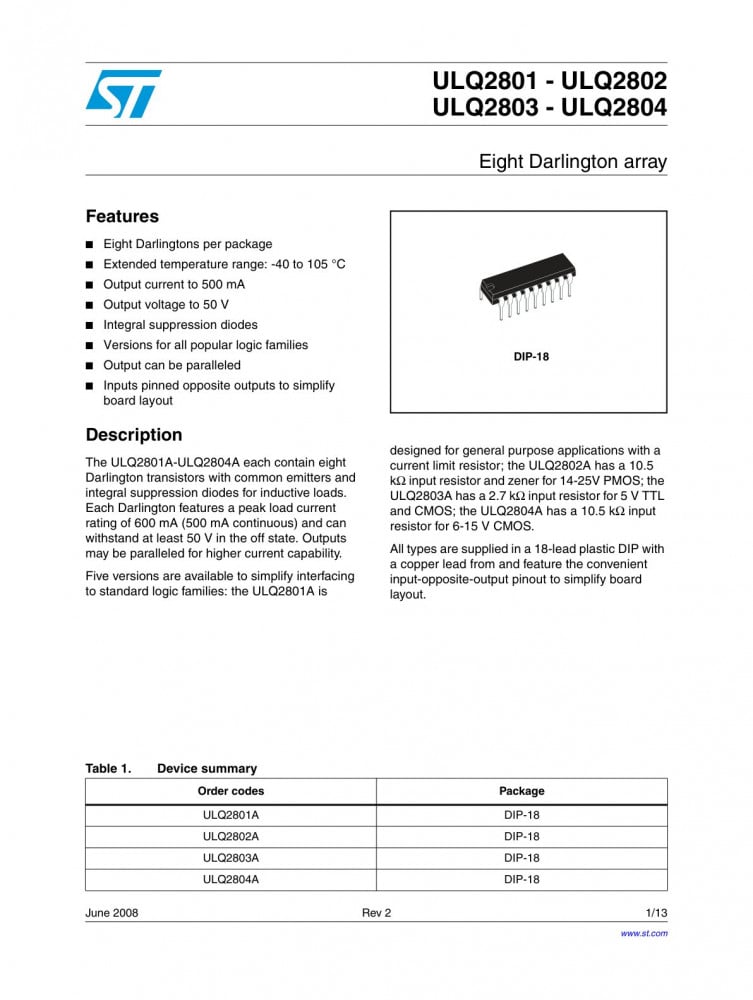 ULQ2803A datasheet page 1