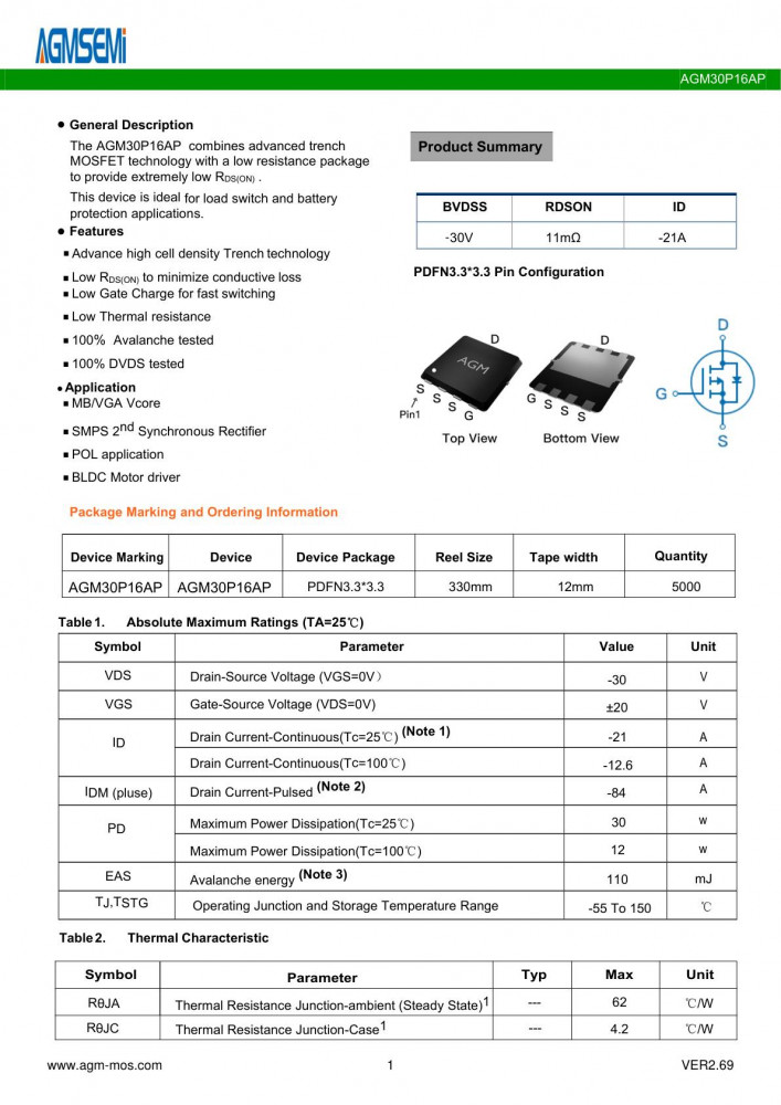 AGM30P16AP datasheet page 1