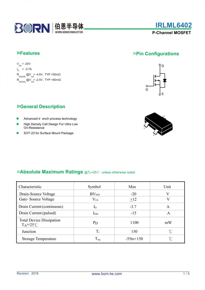 IRLML6402 datasheet page 1