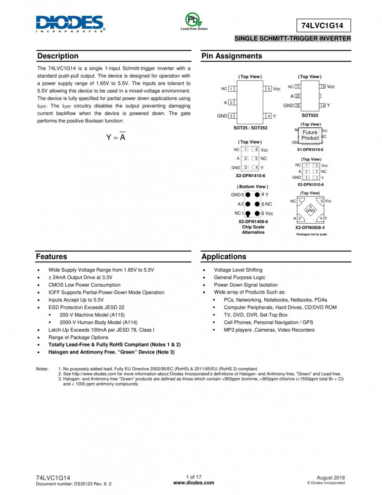 74LVC1G14FW4-7 datasheet page 1