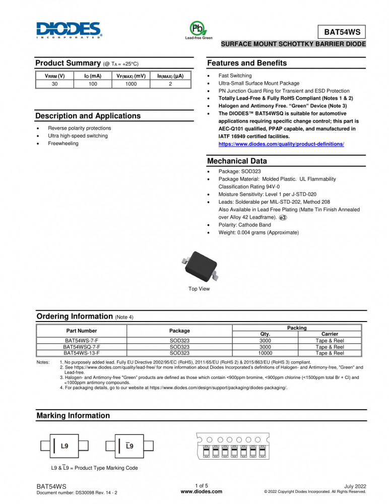 BAT54WS-7-F datasheet page 1