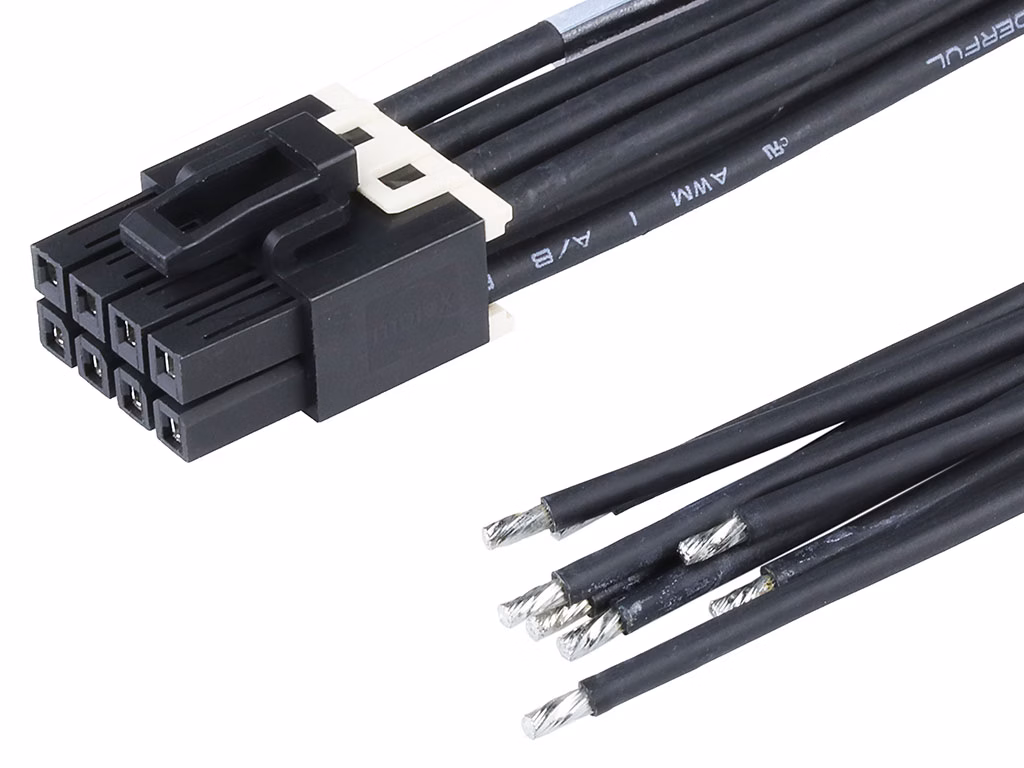 Mini-Fit Max-to-Pigtail Off-the-Shelf (OTS) Cable Assembly, Dual Row, Matte Tin (Sn) Plating, 10 Circuits, 600.00mm Length, Black