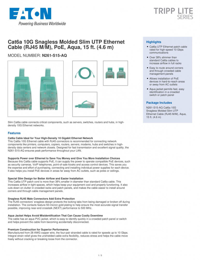 EATON N261-S15-AQ technical document page 1