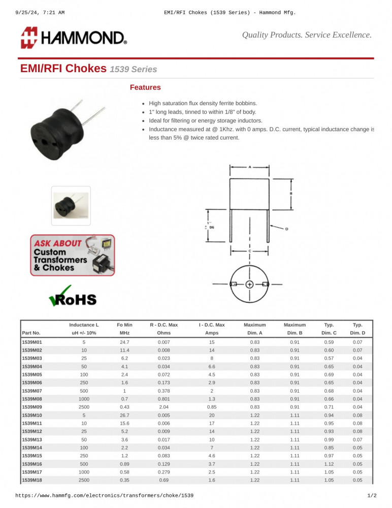 Hammond 1539 Series technical document page 1
