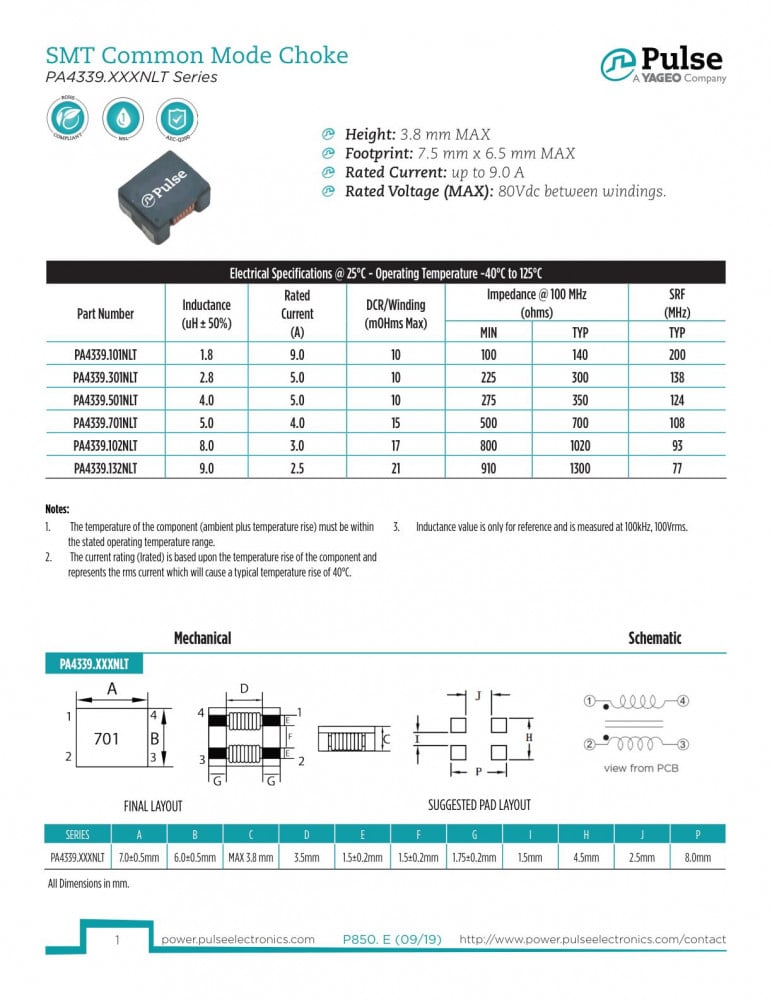 PA4339.701NLT technical datasheet page 1