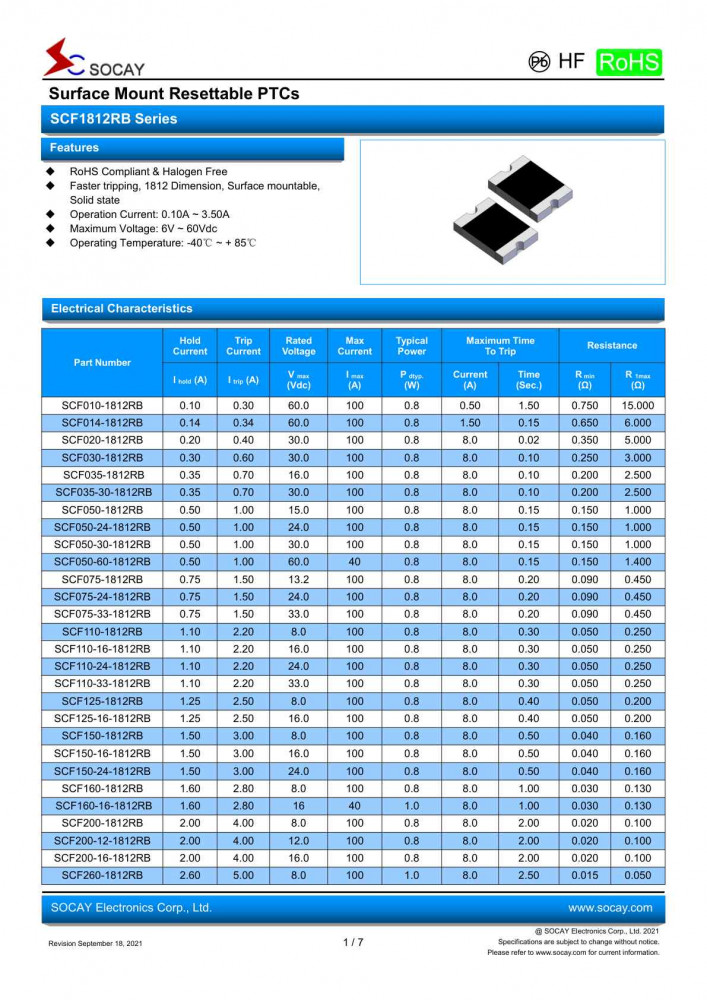 SOCAY SCF1812RB datasheet page 1