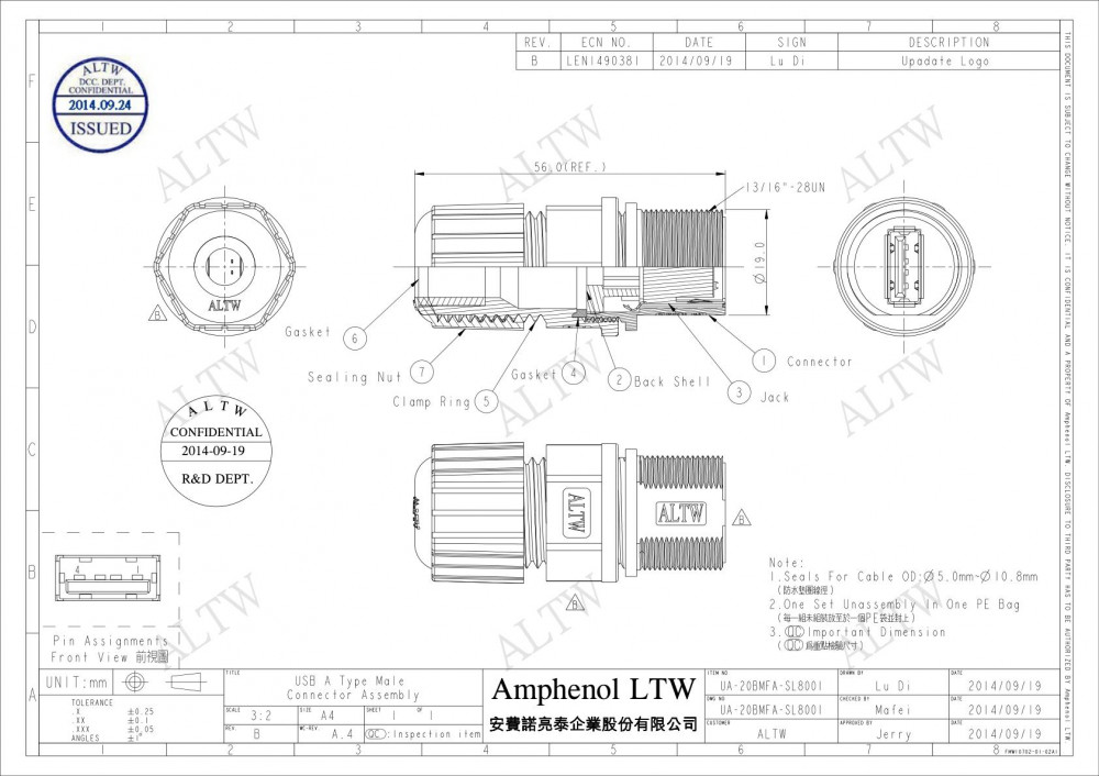 Amphenol UA-20BMFA-SL8001 technical drawing page