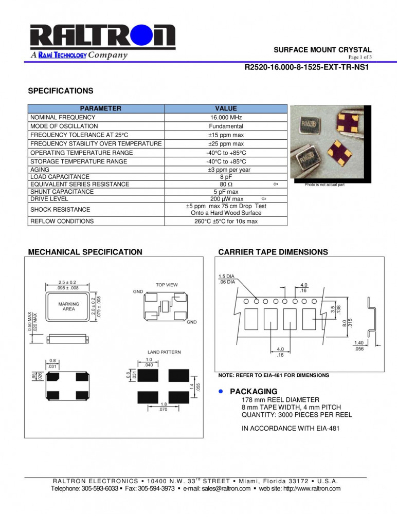 Raltron R2520 crystal documentation page 1