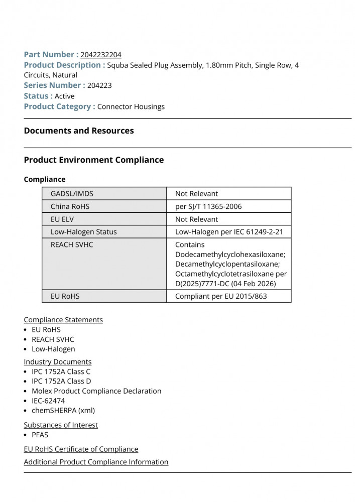 Technical document page 1 for MOLEX 2042232204