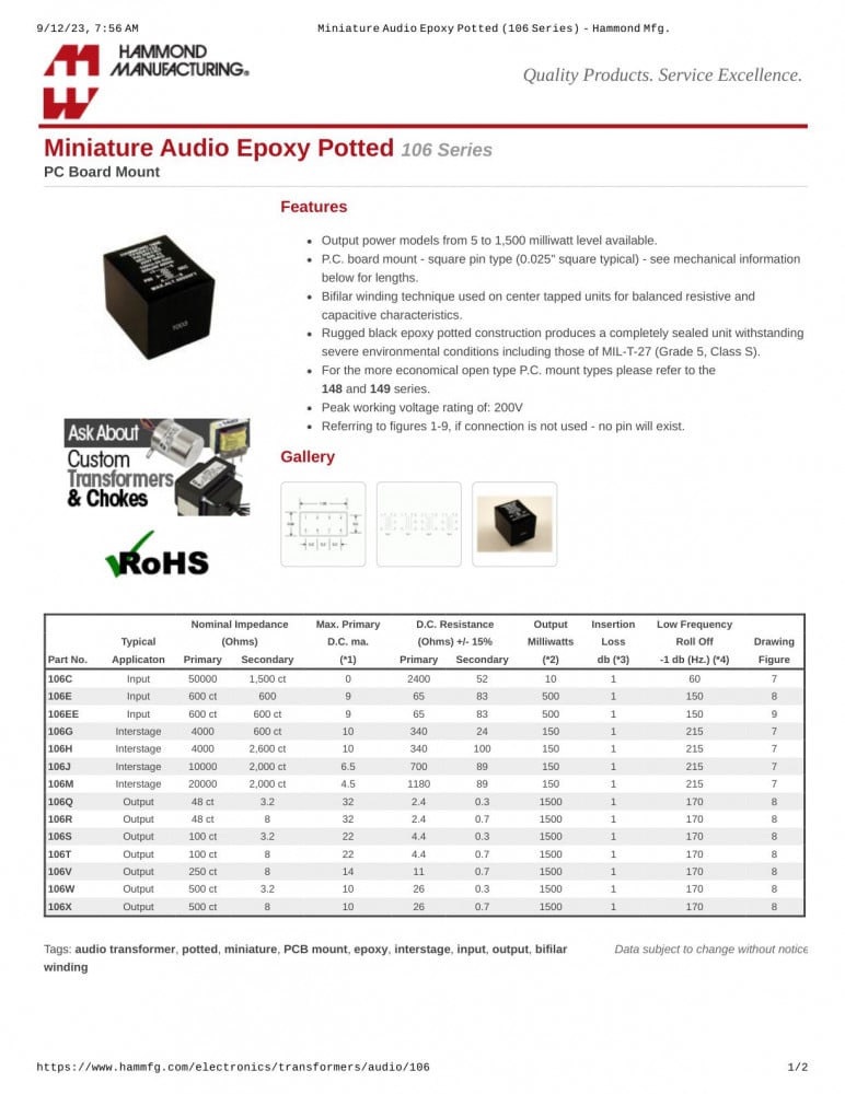 Hammond 106 series technical document page 1