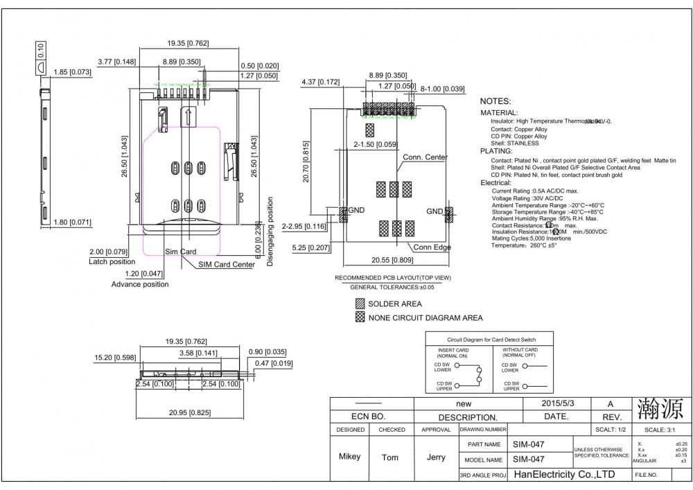 SIM-047 card detect switch circuit diagram and drawing title block