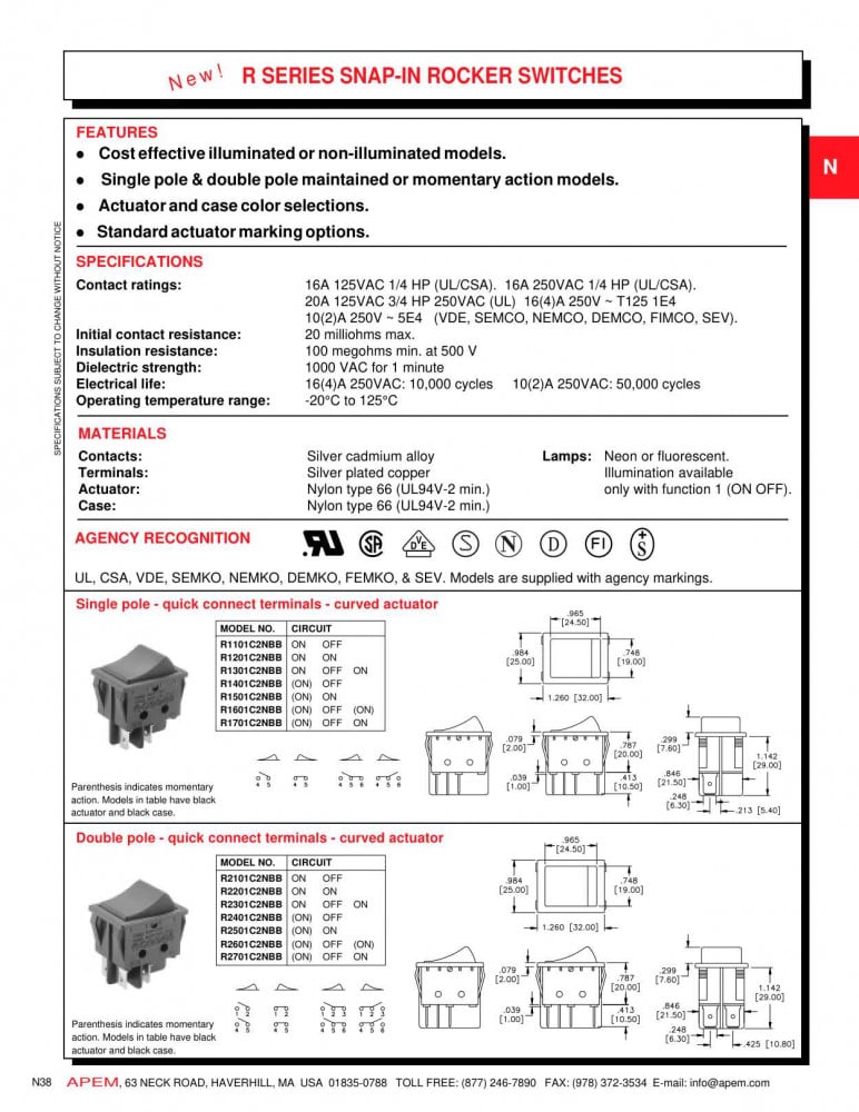 APEM R-series switch datasheet page 1