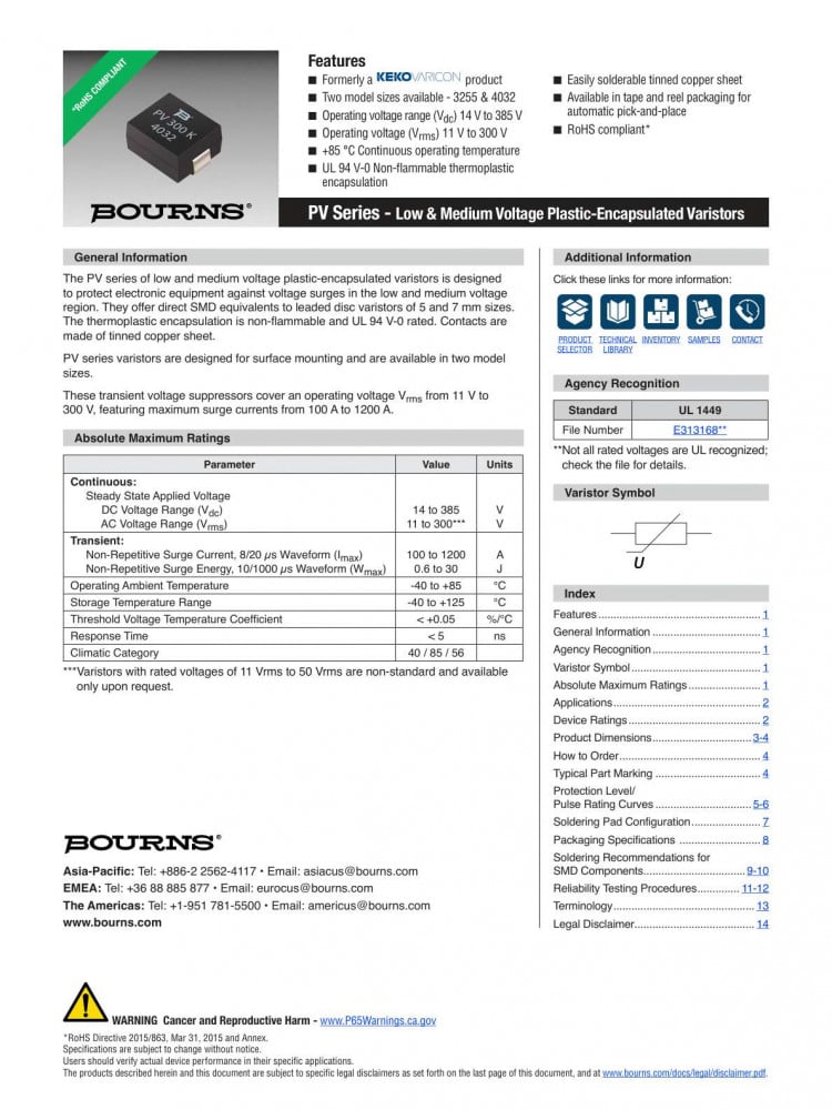 BOURNS PV Series datasheet page 1
