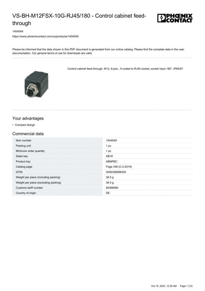 Phoenix Contact 1404549 product documentation page 1