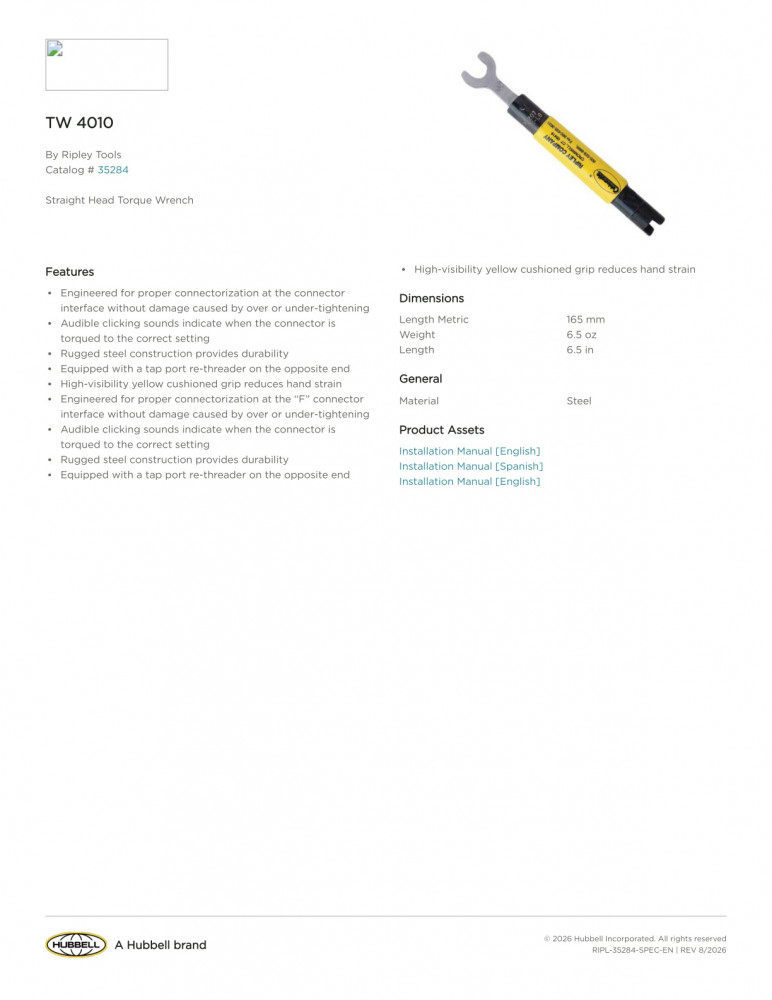 Technical document image for Burndy catalog number 35284, TW 4010 torque wrench